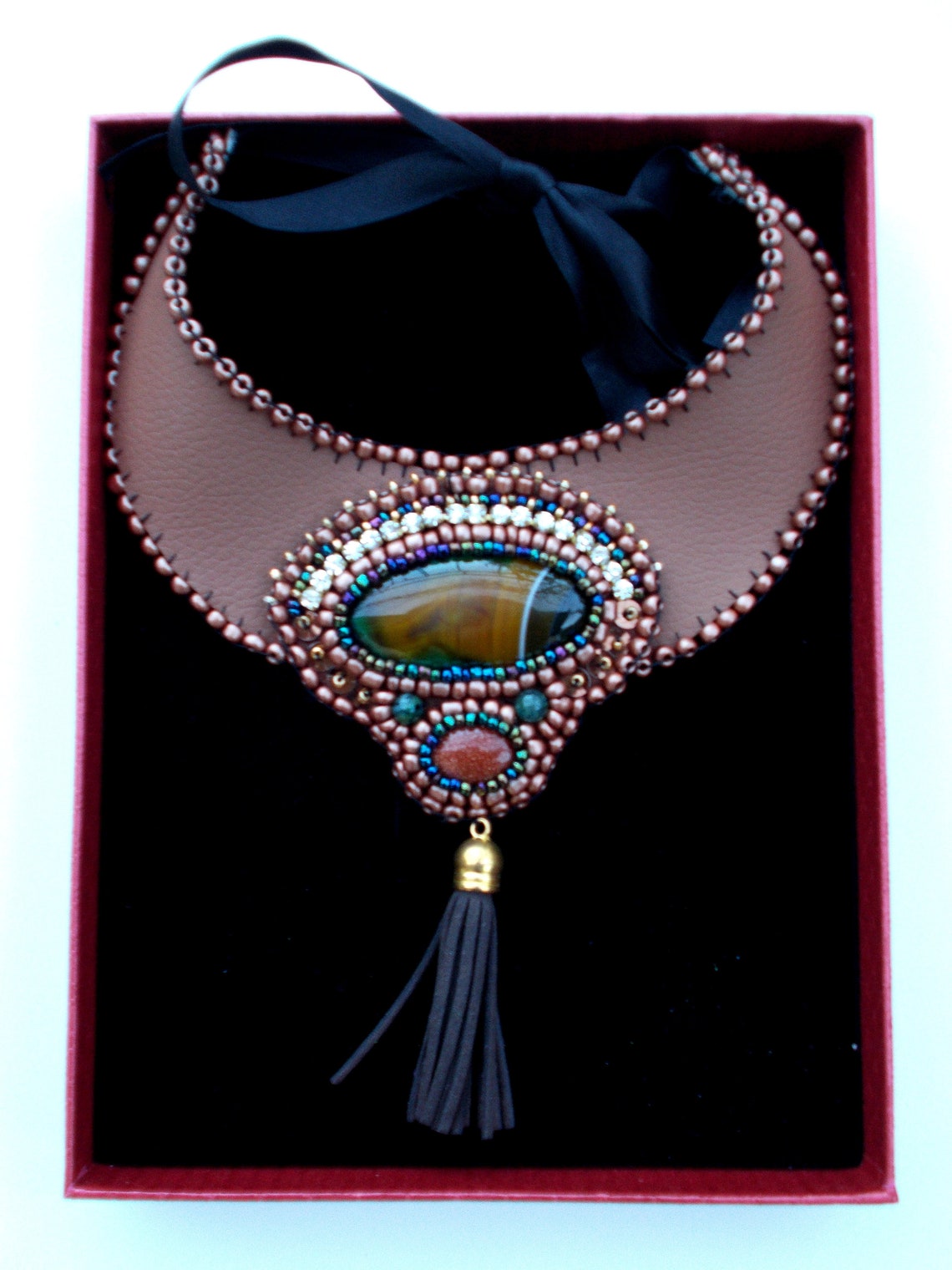 Brown Bronze Collar Necklace - Bead Embroidery Necklace Design Handmade ...