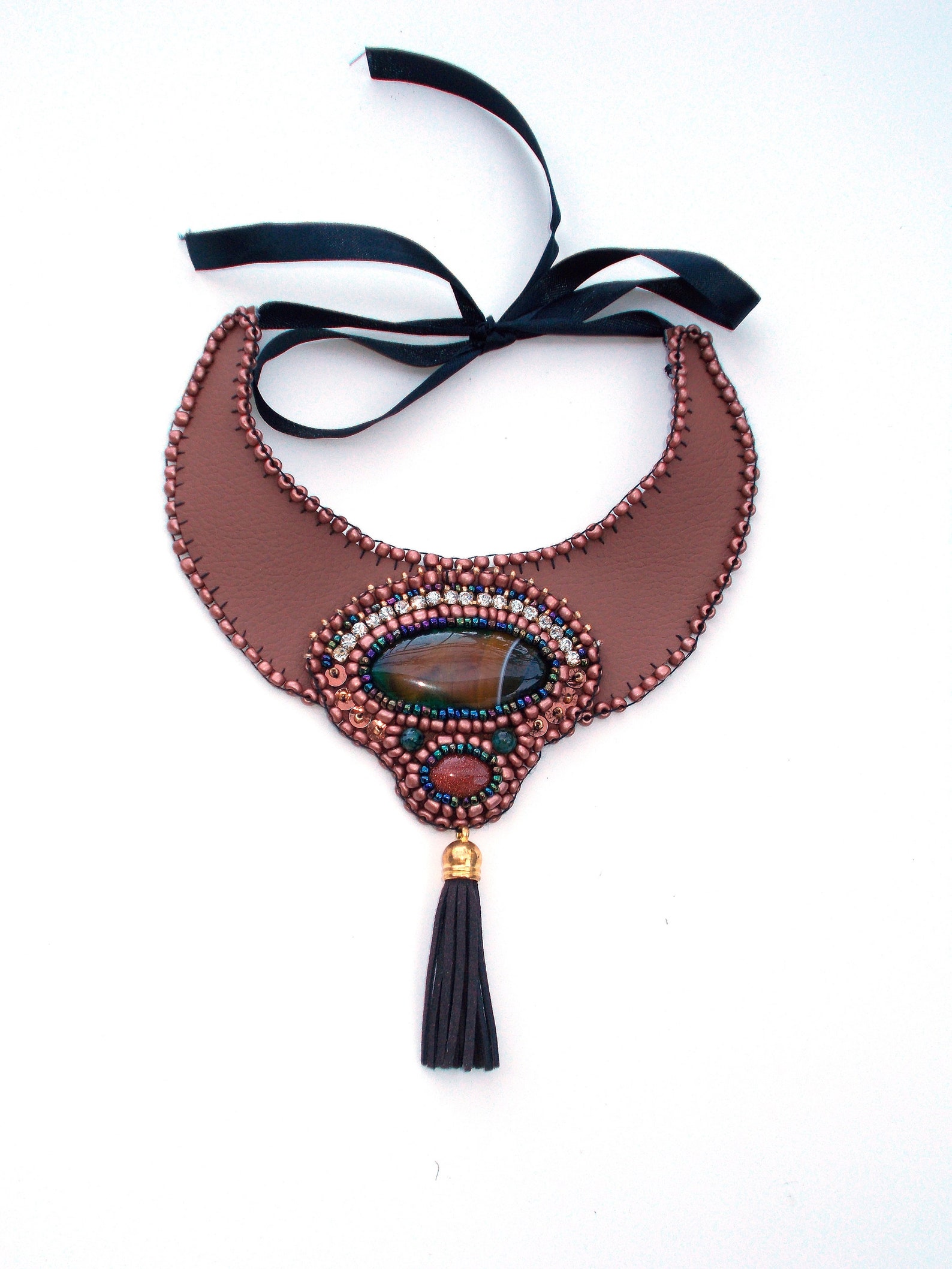 Brown Bronze Collar Necklace - Bead Embroidery Necklace Design Handmade ...