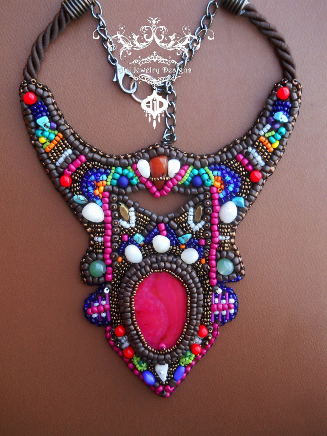 Nomad Tuareg Inspired Bead Embroidery Necklace Tribal Pink Agate ...