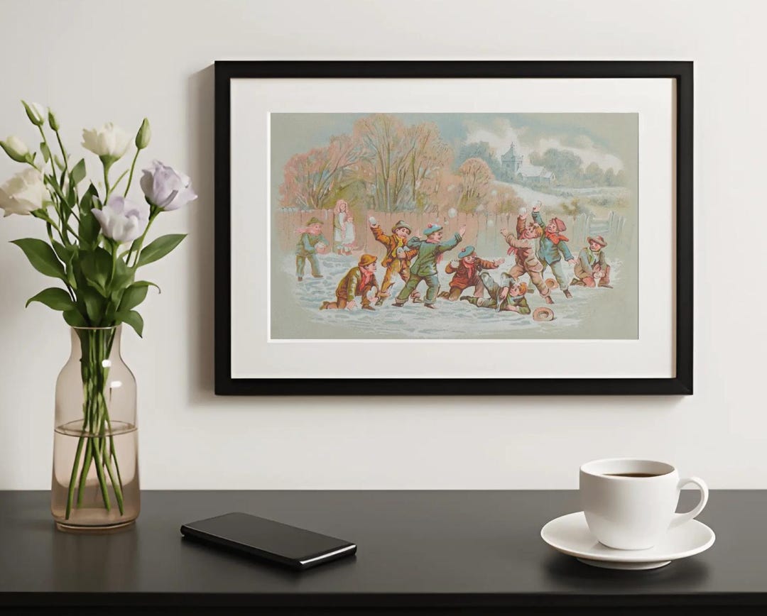 Vintage Christmas Snowball Fight Print: Holiday Wall Art, Winter Decor ...