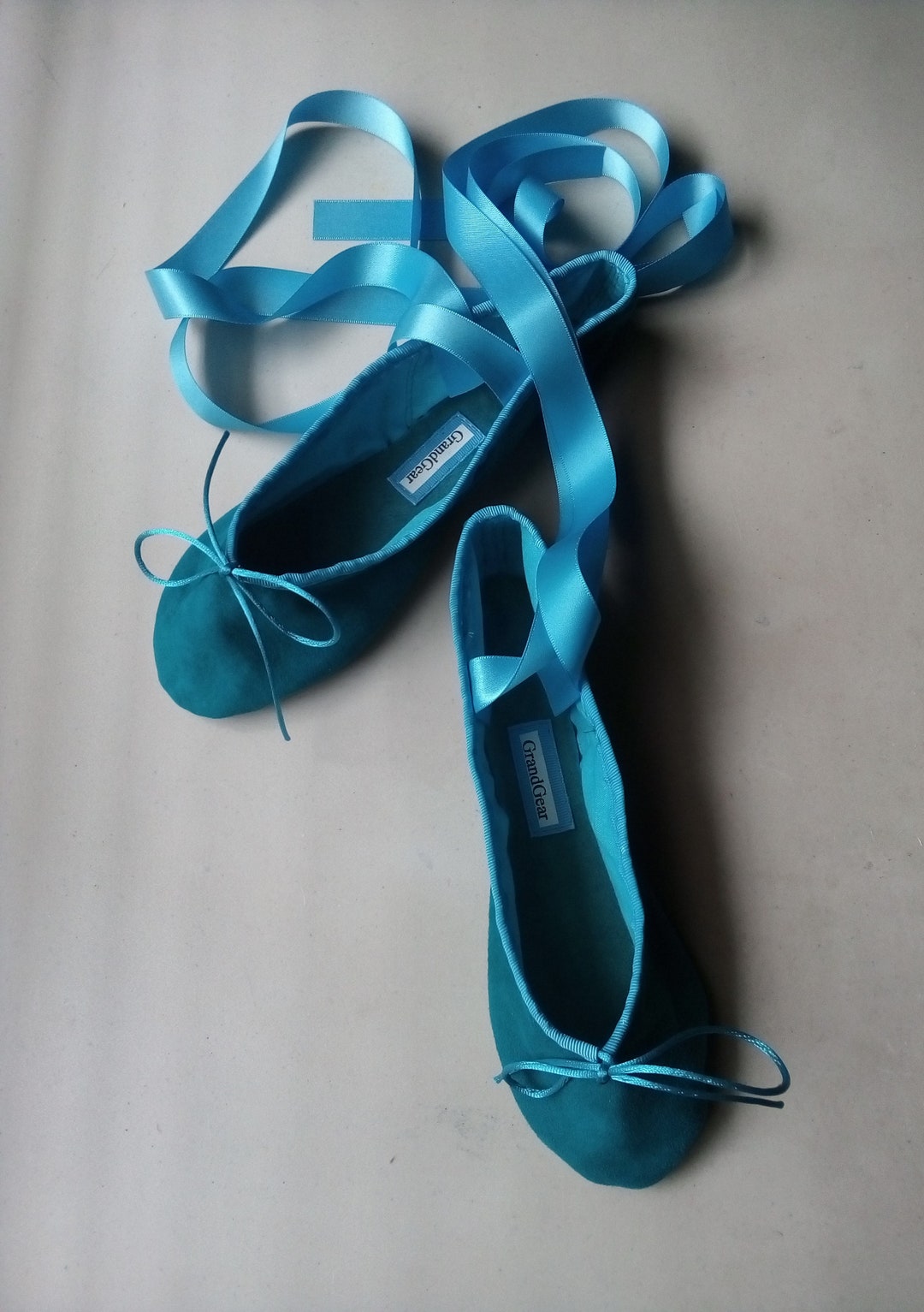 Bright Turquoise Lambskin Suede Leather Ballet Slippers With Attached ...