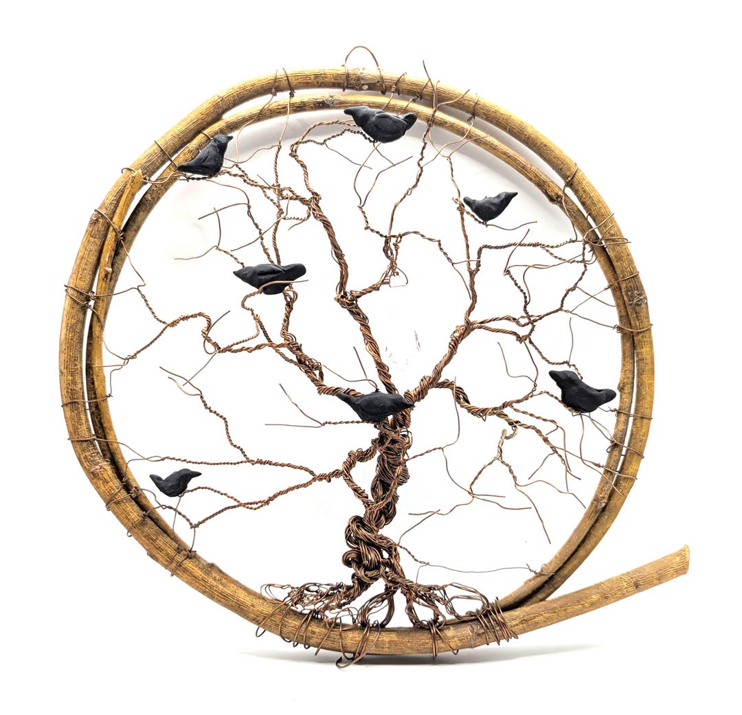 Tree of Life and Seven Crows in Copper Wire on a Natural Wood Hoop - Etsy