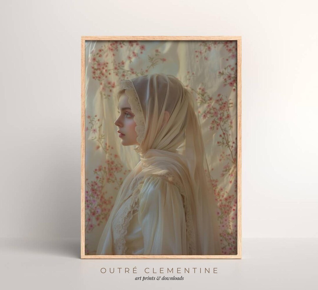 Floral Veil Art Printable - Elegant Woman in Embroidered Veil, Soft ...