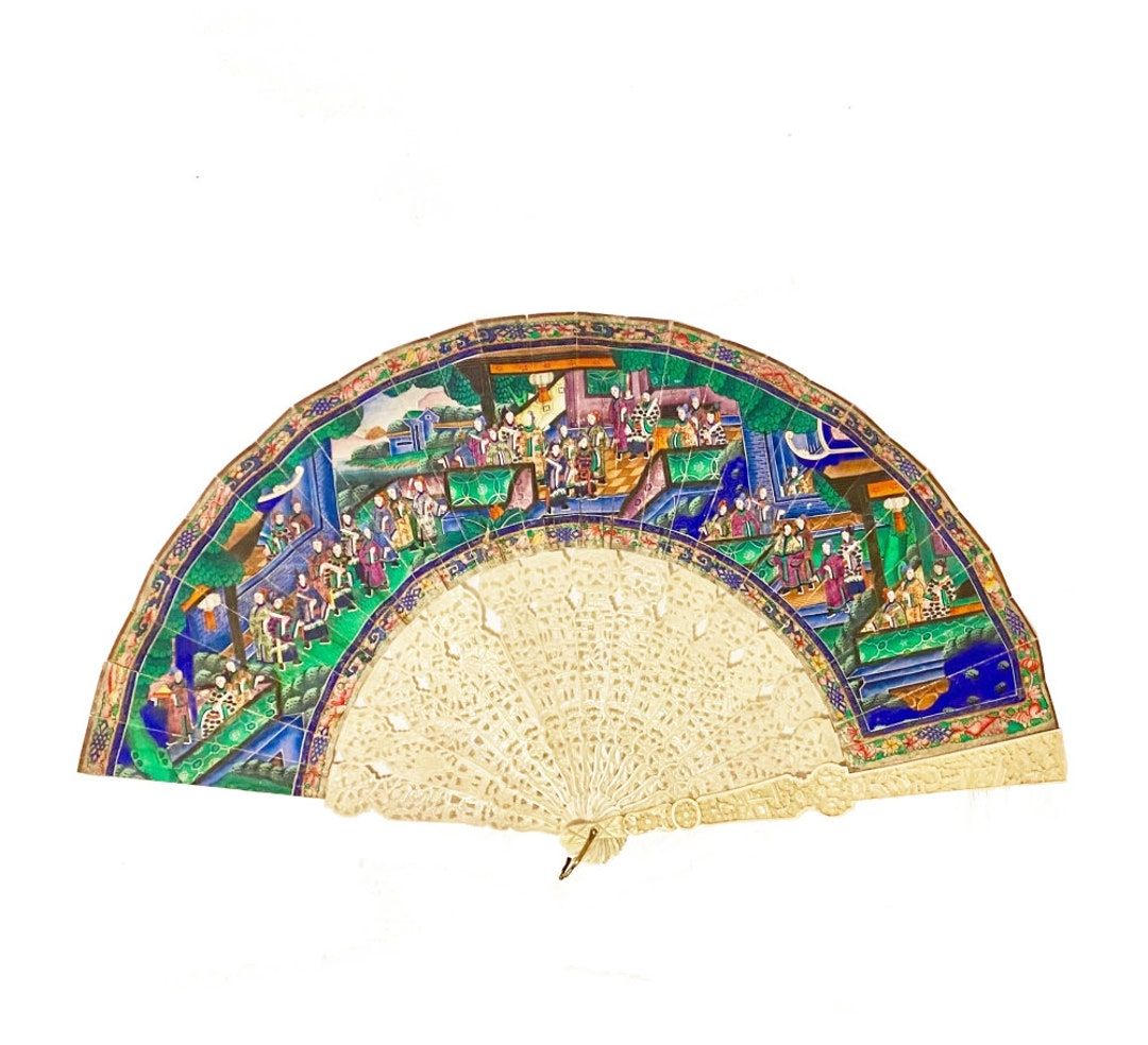 Antique 19th Century Hand Painted Chinese Hand Fan With Hand-carved ...