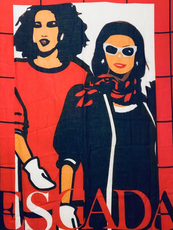 1980s Escada Logo Extra Large Novelty Red Scarf - Gem