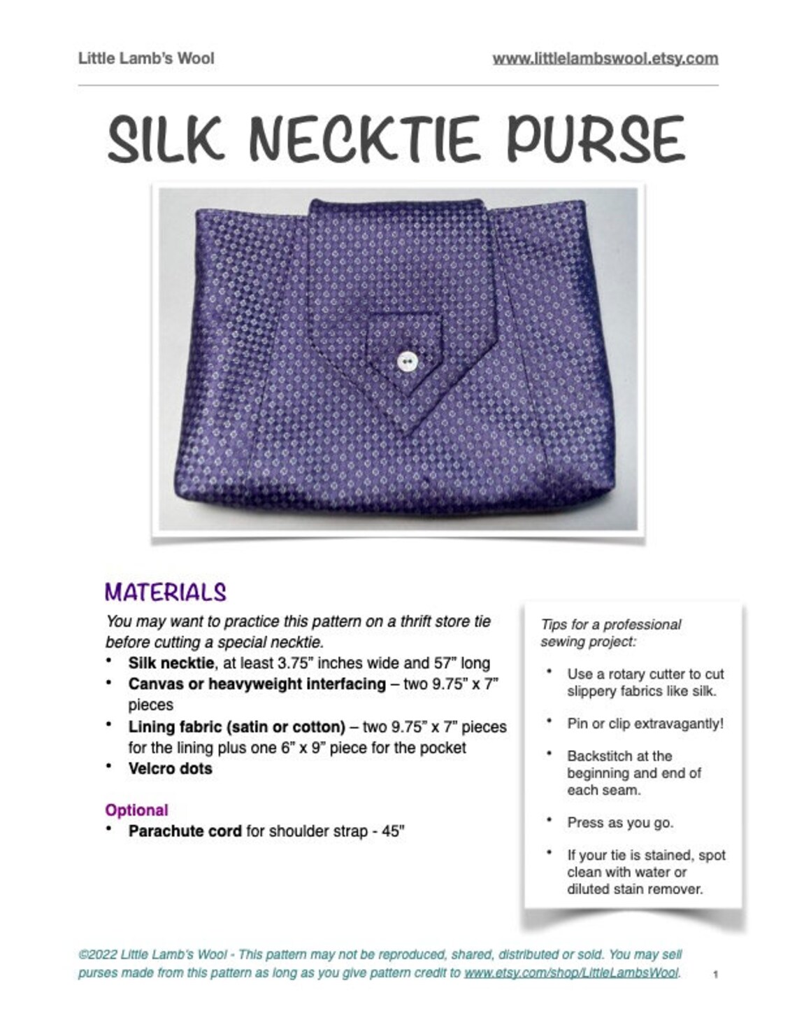 Sewing Pattern: Silk Purse From Men's Necktie - Etsy