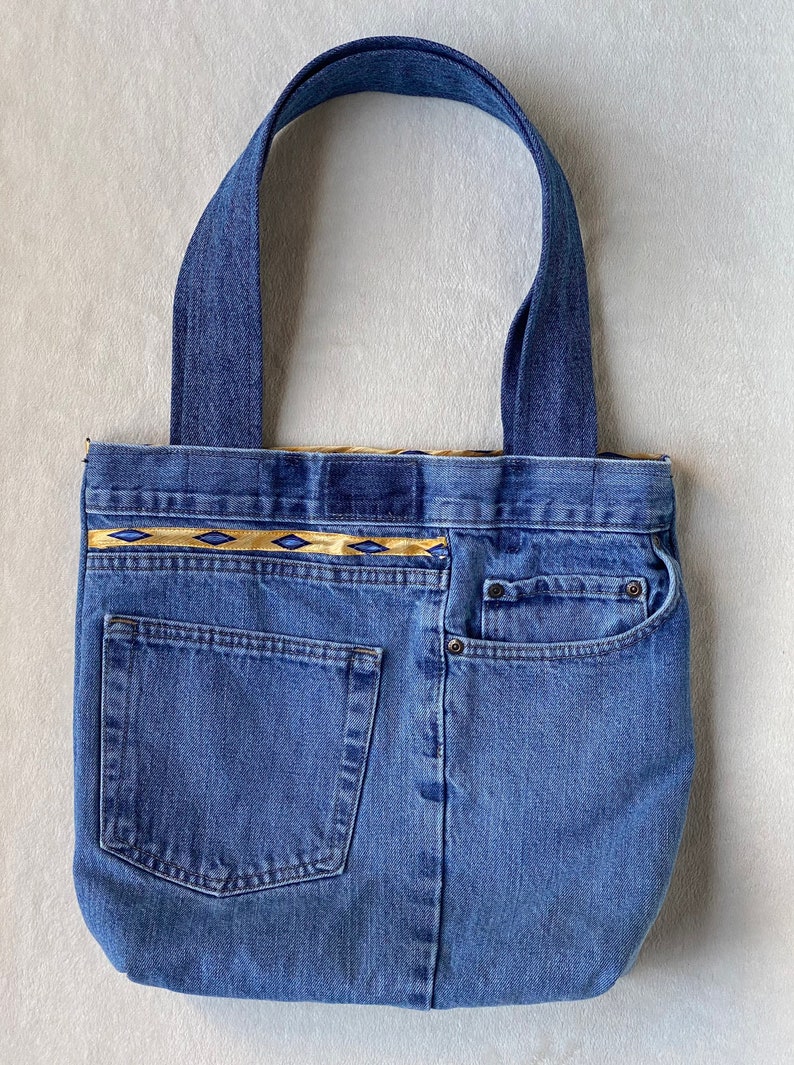 Custom Vintage Blue Jean Tote Bag - Upcycled From Blue Jeans & Silk Tie ...