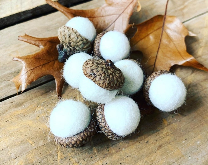 Set 12 White Felted Acorns With Natural Acorn Cap. Fall Autumn Wedding ...