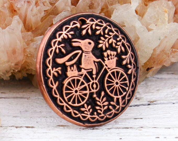 Handcrafted Solid Copper Bunny on a Bicycle Pendant, Antique Copper Wax ...