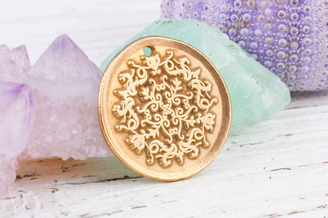 Handcrafted Solid Bronze Mandala Charm, Bright Gold Bronze Wax Seal Pendant, Bronze Mandala ...