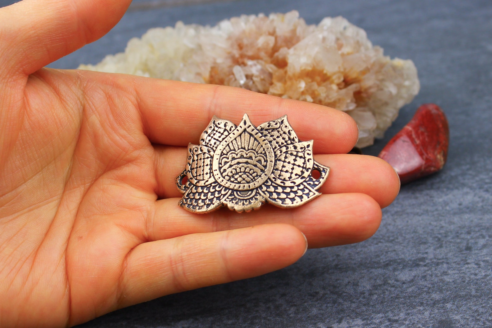 Handcrafted Solid Bronze Lotus Flower Curved Bracelet Focal, Pure ...