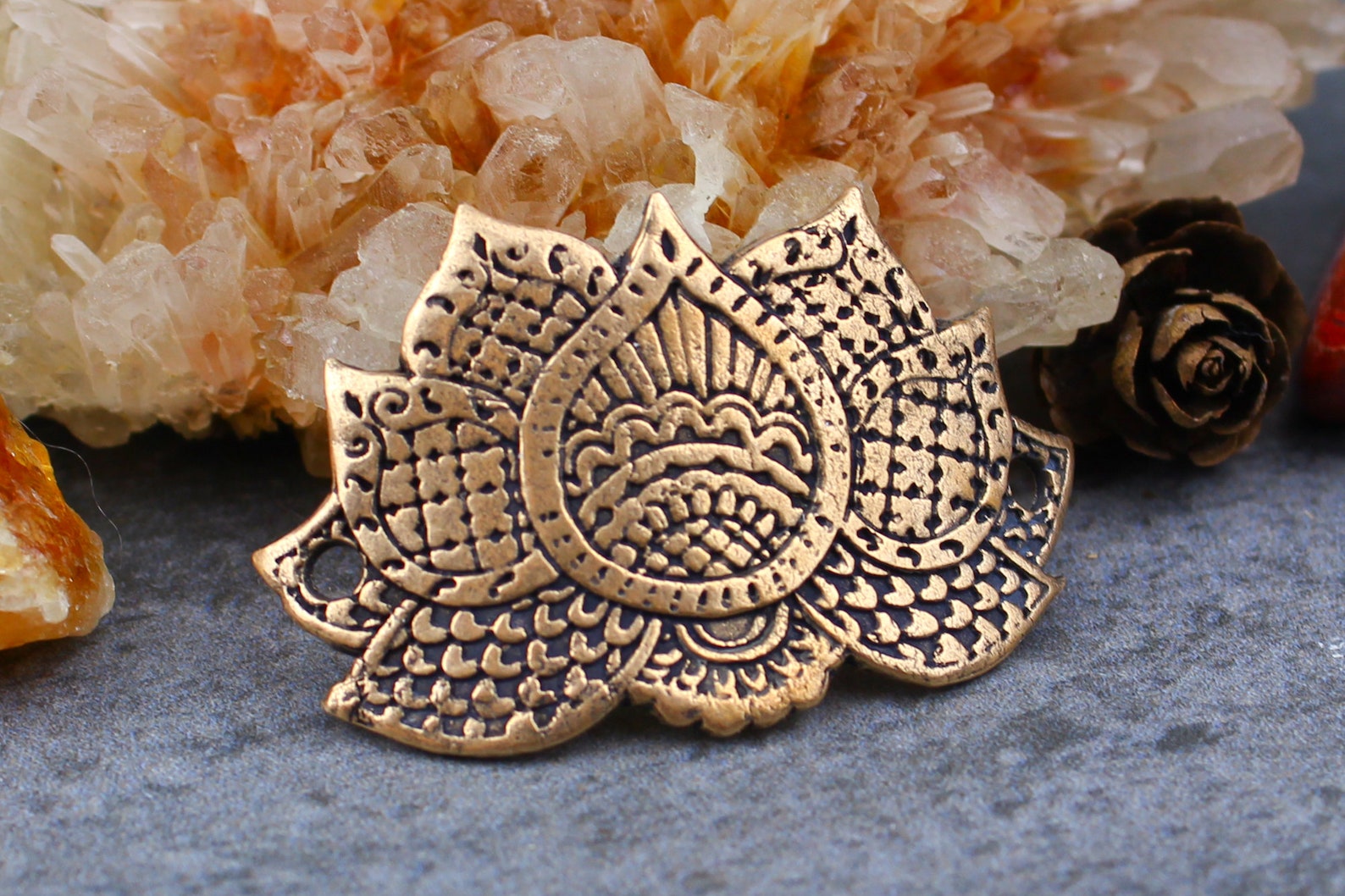 Handcrafted Solid Bronze Lotus Flower Curved Bracelet Focal, Pure ...