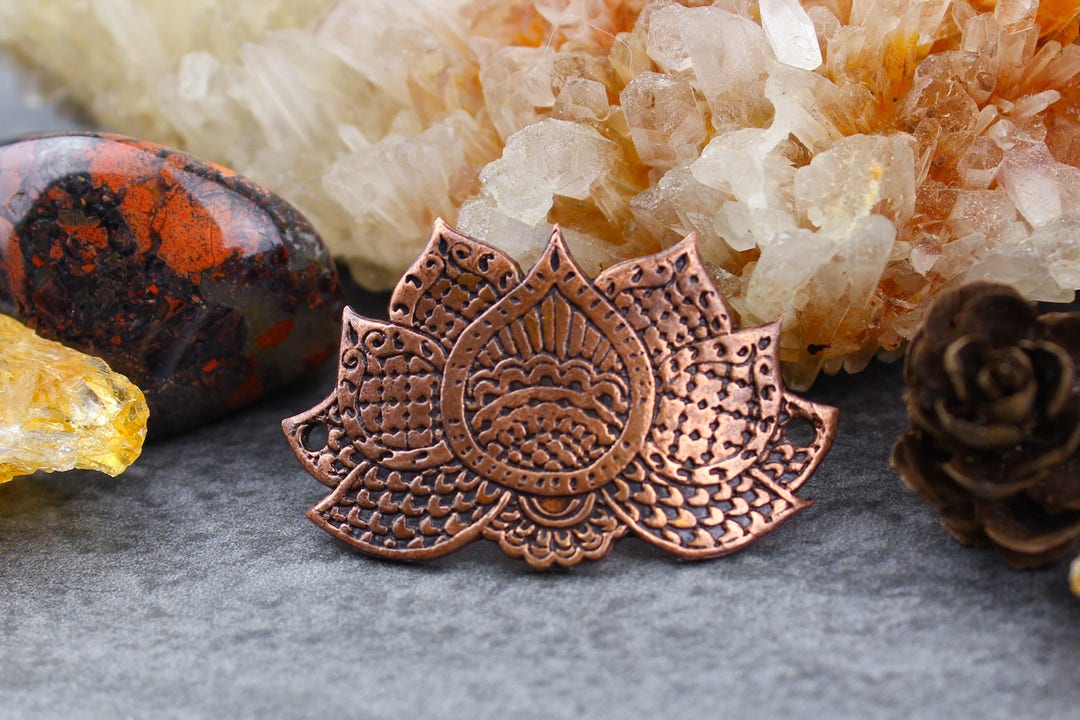 Handcrafted Solid Copper Lotus Flower Curved Bracelet Focal, Pure ...