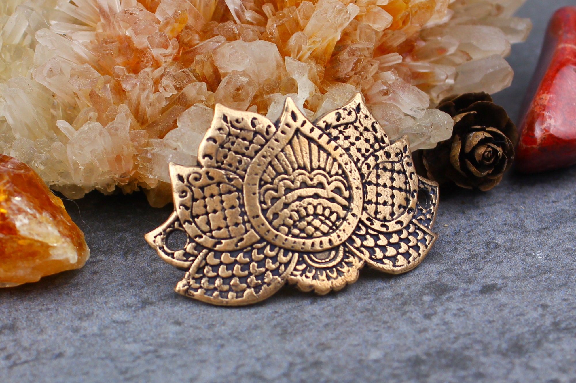 Handcrafted Solid Bronze Lotus Flower Curved Bracelet Focal, Pure ...