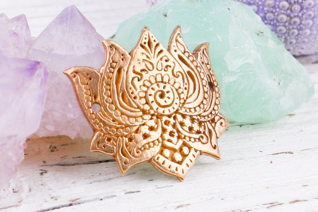 Solid Bronze Lotus Flower Curved Bracelet Focal Component, Bright Gold ...