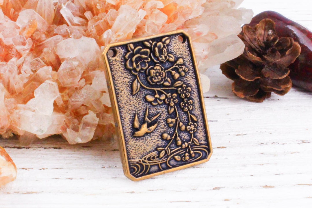 Handcrafted Solid Bronze Swallow and Cherry Blossom Pendant, Bronze Wax ...