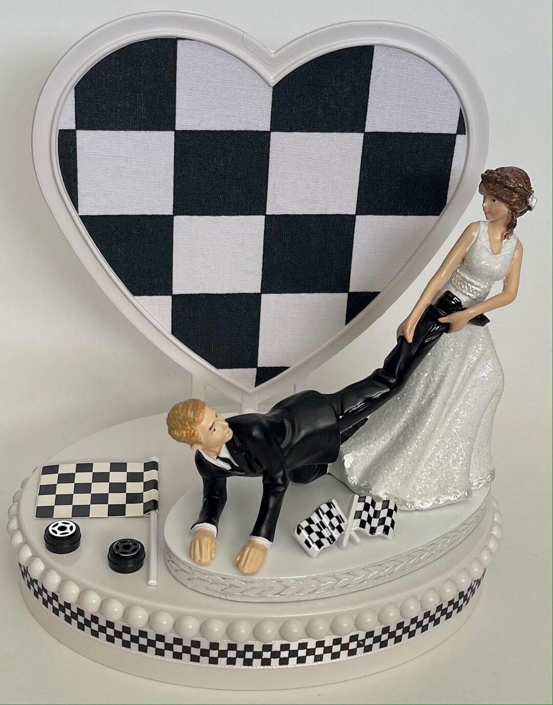 Wedding Cake Topper Checkered Flag Racing Running Humorous Bride Groom ...