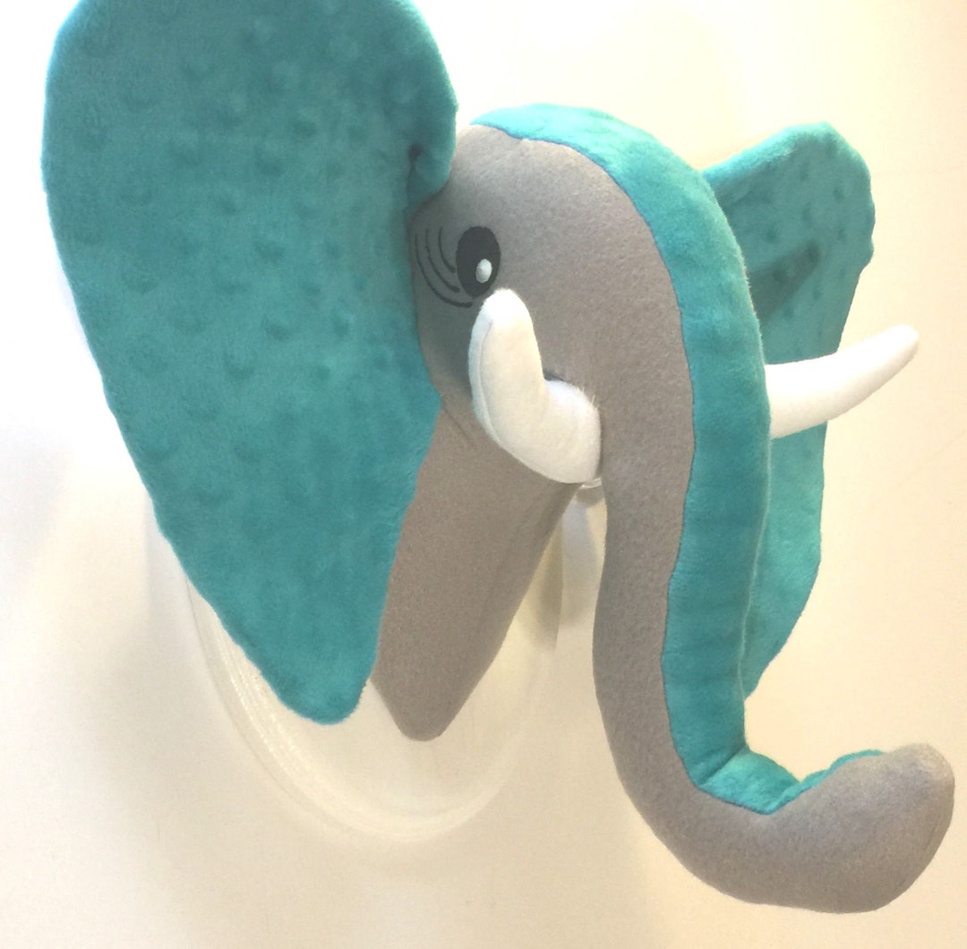 Turquoise and Gray Stuffed Elephant Head / Teal Elephant Ears / Stuffed ...