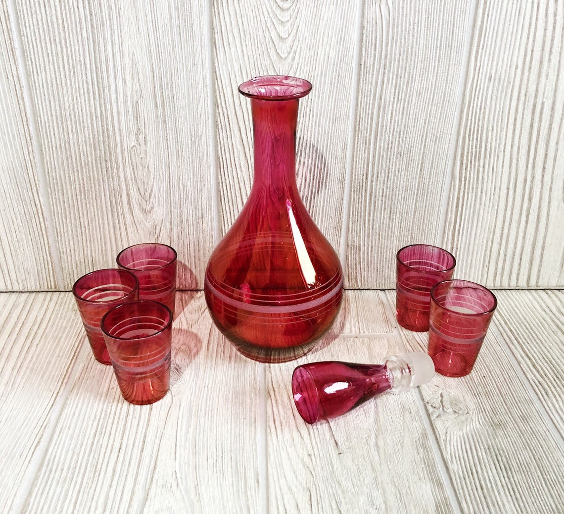 Vintage Cranberry Red Glass Decanter Set With Glass Stopper 7 | Etsy