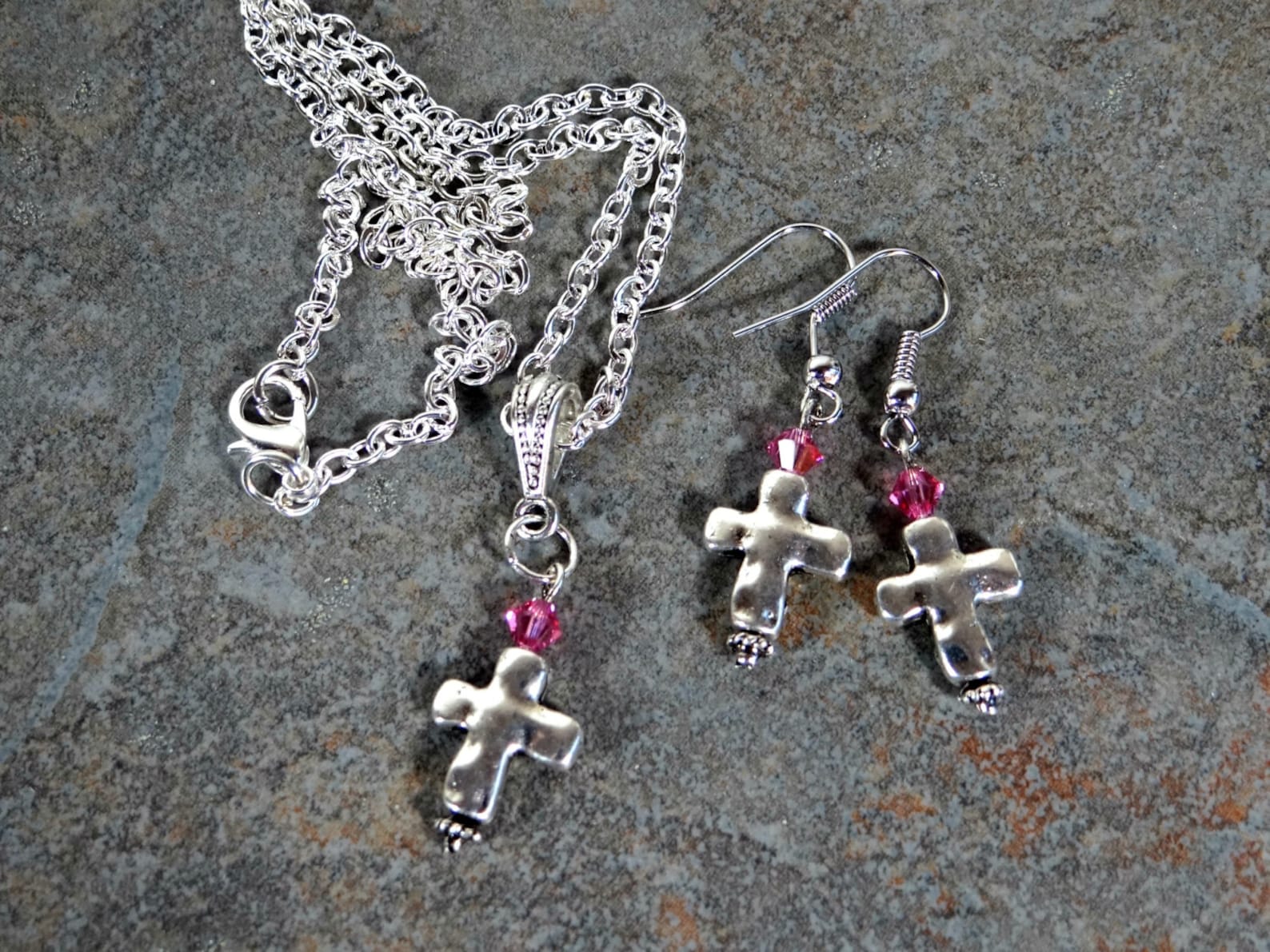 Silver Wavy Cross and Rose Swarovski Crystal Necklace and Earrings Set ...