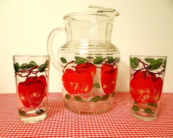 Vintage Pitcher and Glass Set With Apples, 1950s Red Apple Pitcher and ...