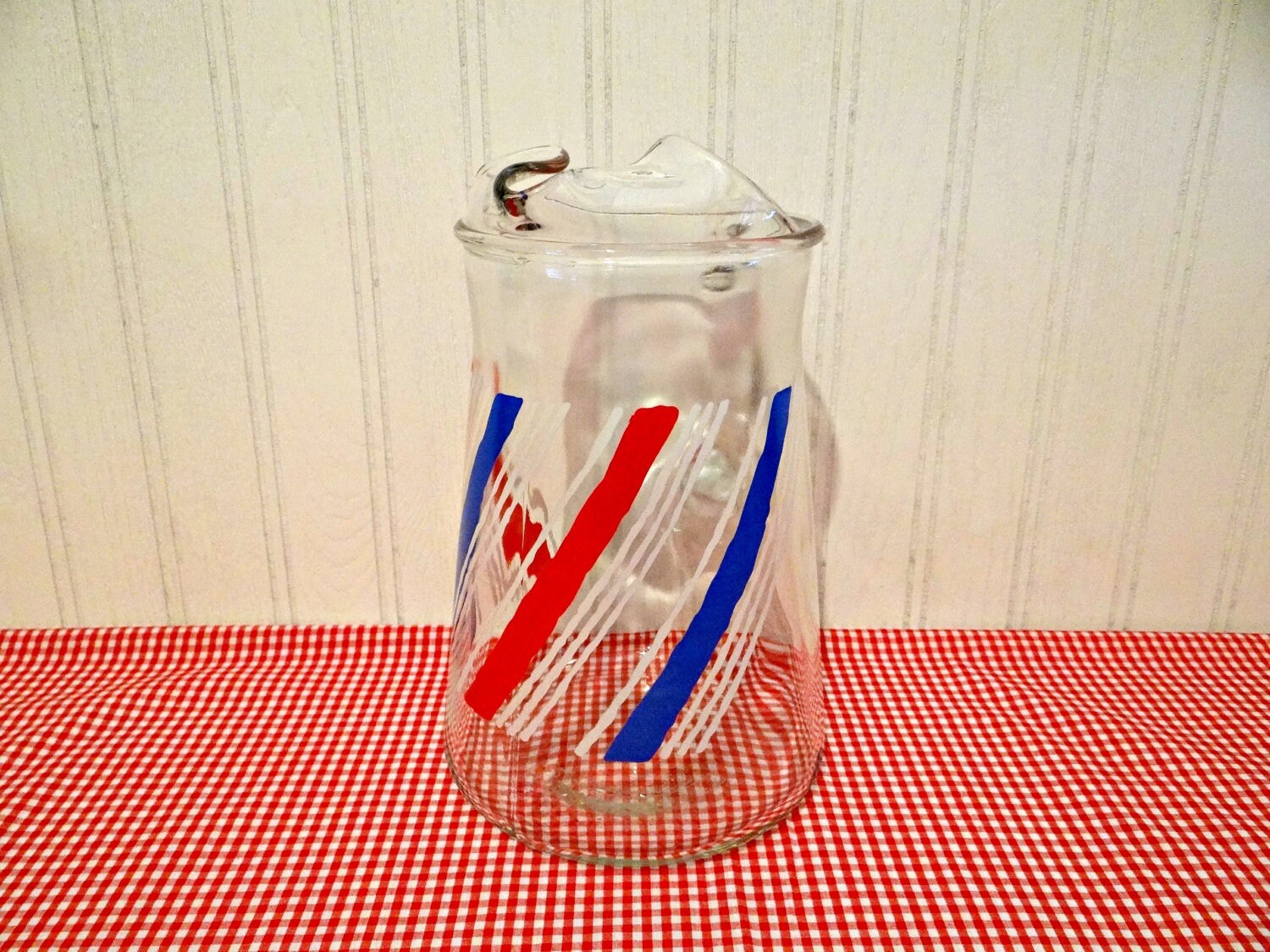 Vintage Libbey Red White and Blue Glass Pitcher With Ice Lip 1970s ...
