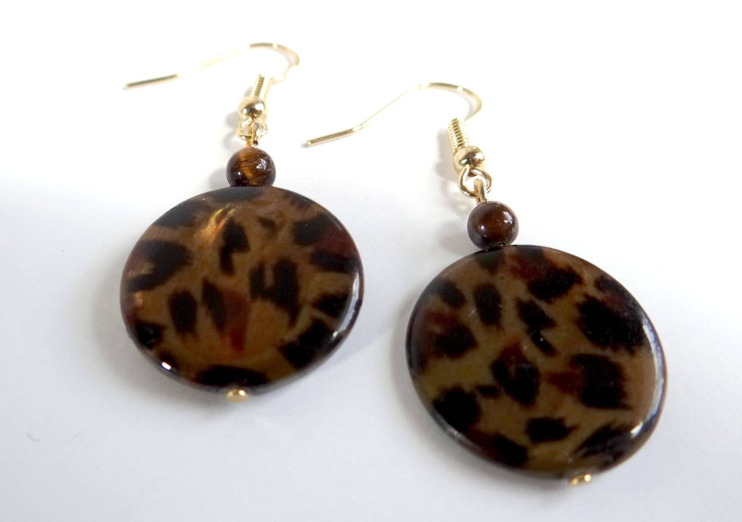 Leopard Print Shell Earrings With Tiger Eye Beads Handmade Animal ...