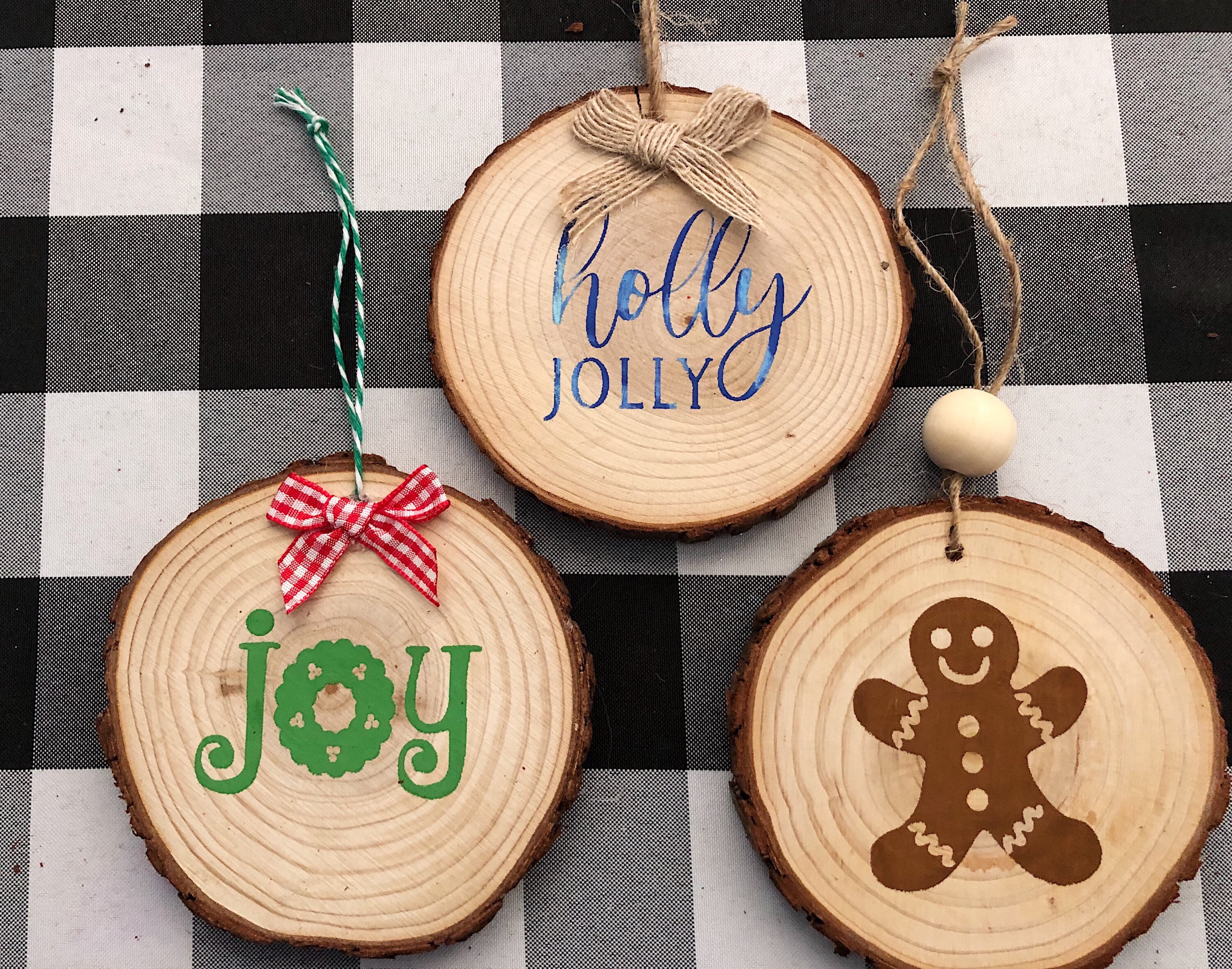 Wood Slice Natural Wood Ornaments Set of Three With Stenciled Christmas ...