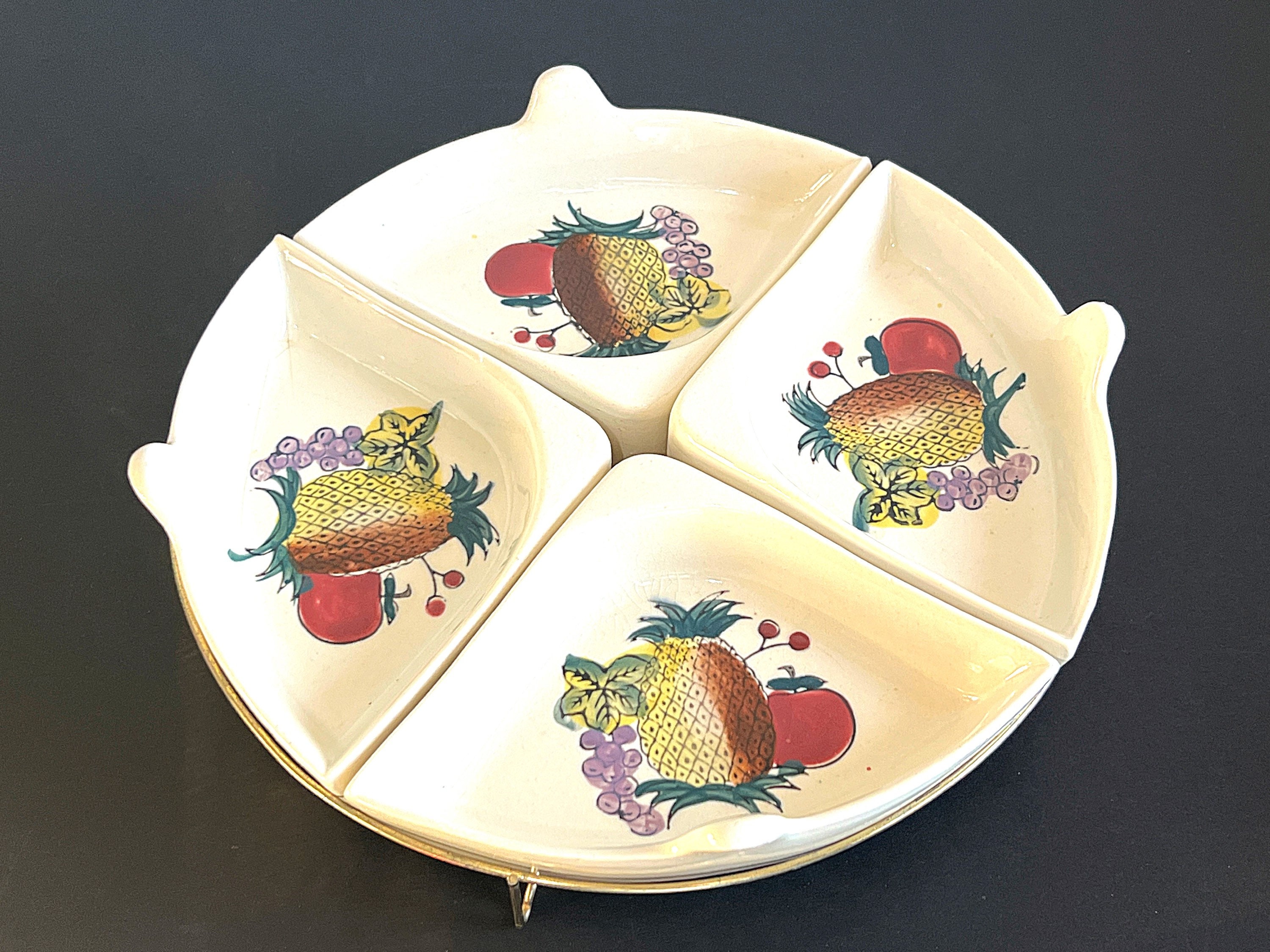 Vintage Appetizer Serving Tray With Fruit Images and Metal Footed Rack ...