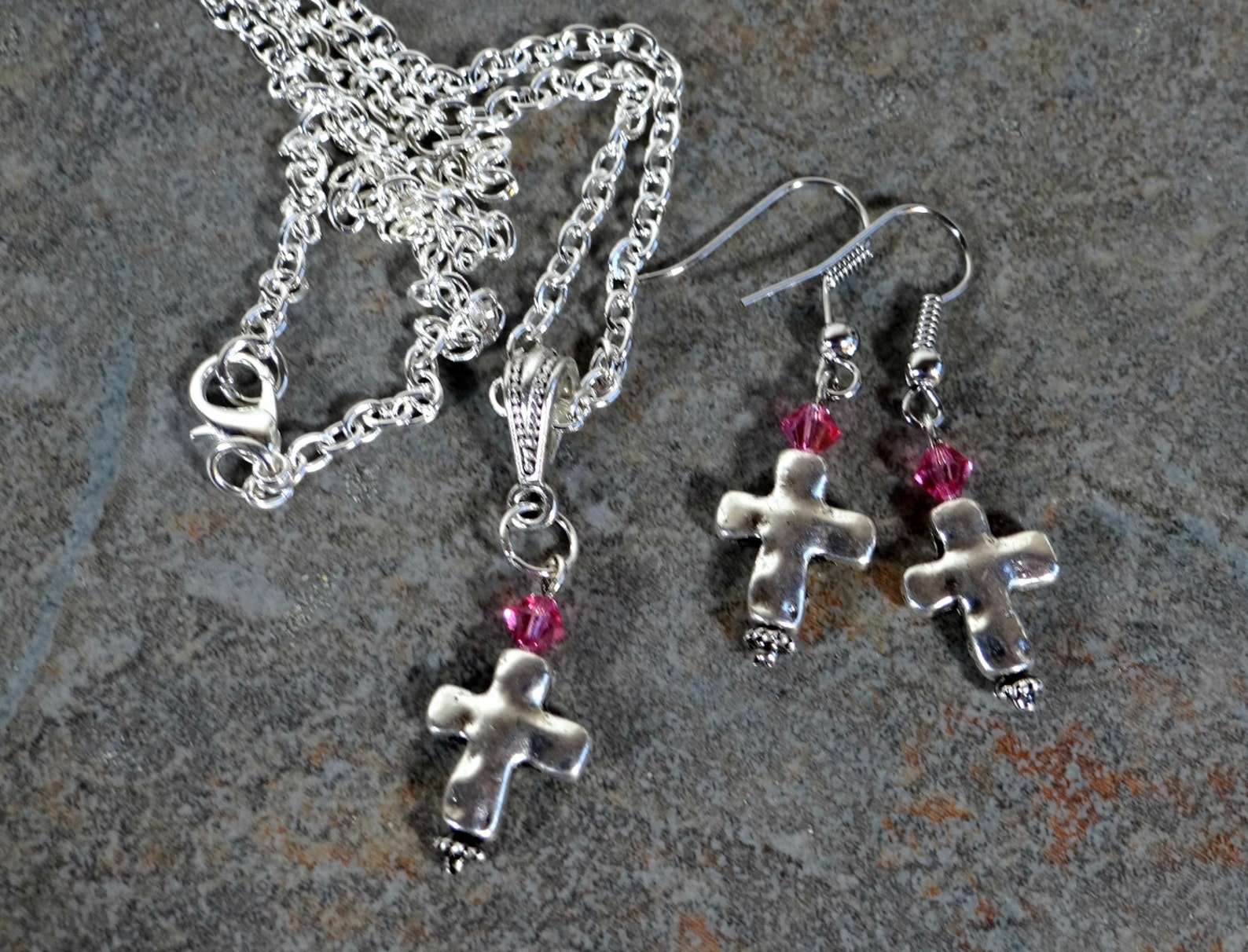Silver Wavy Cross and Rose Swarovski Crystal Necklace and - Etsy