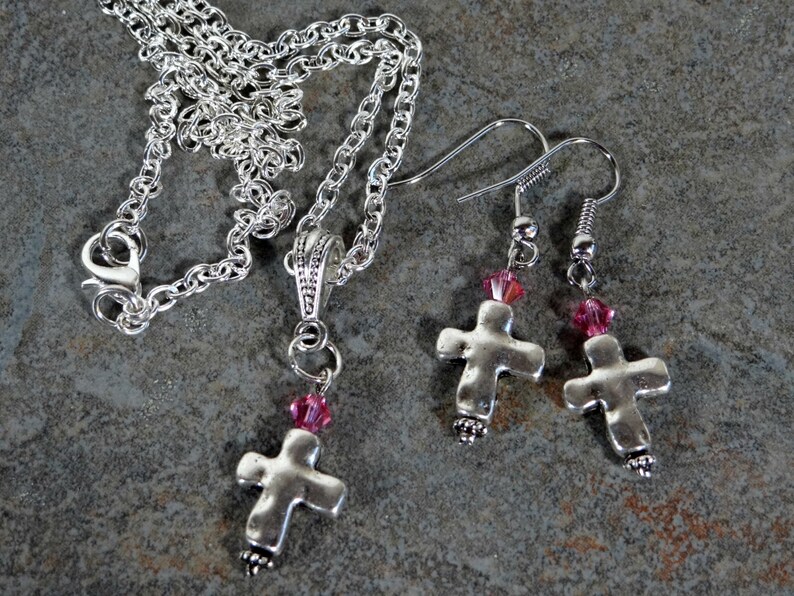 Silver Wavy Cross and Rose Swarovski Crystal Necklace and Earrings Set ...