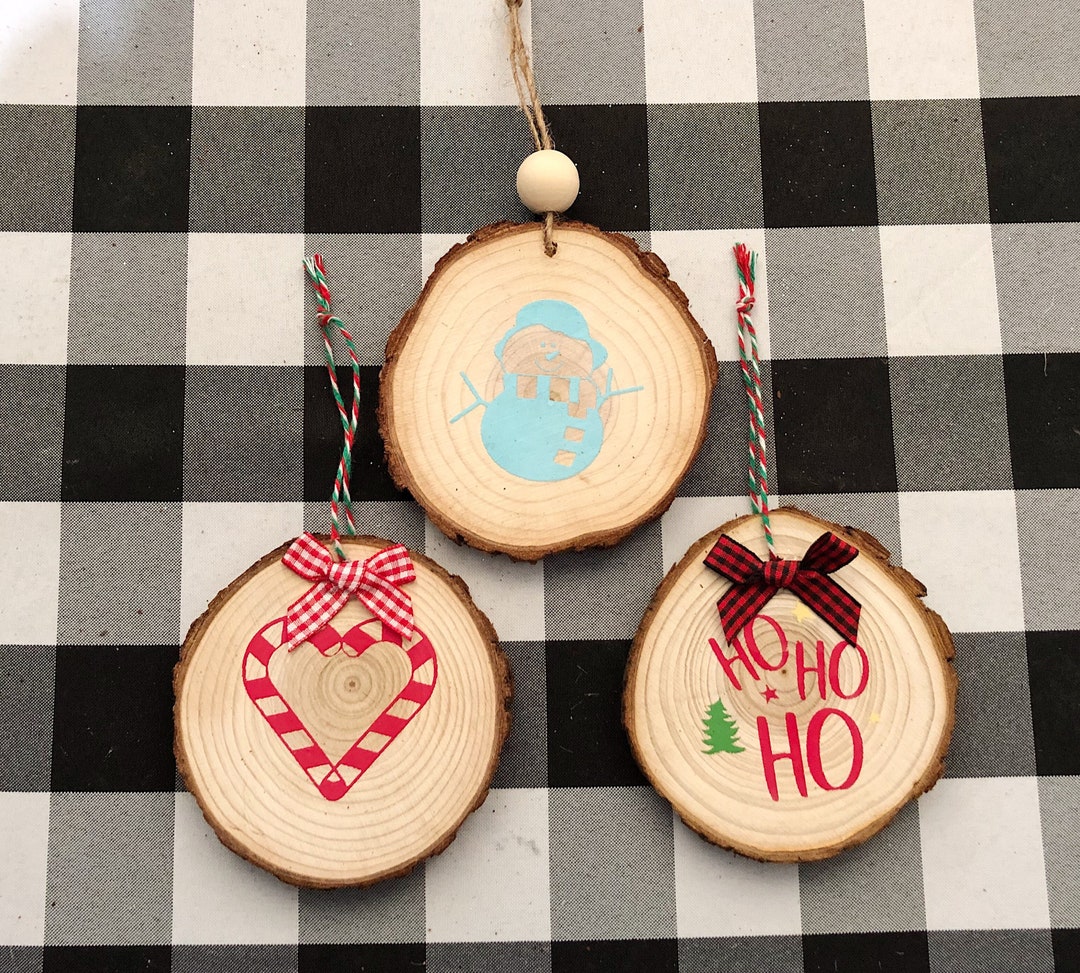 Wood Slice Natural Wood Ornaments Set of Three With Stenciled Christmas ...