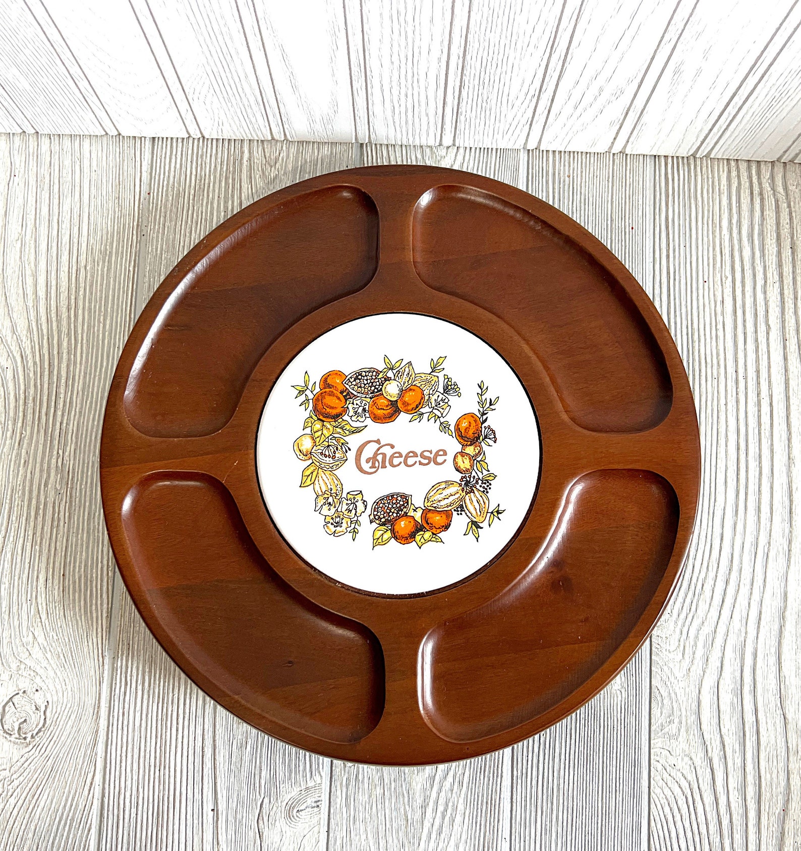 Vintage Cheese Board Charcuterie Board With Lazy Susan and Ceramic Tile ...