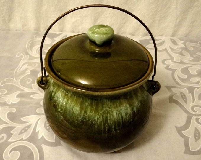 Vintage USA Pottery Bean Pot With Lid and Handle, Green Drip Bean Pot ...