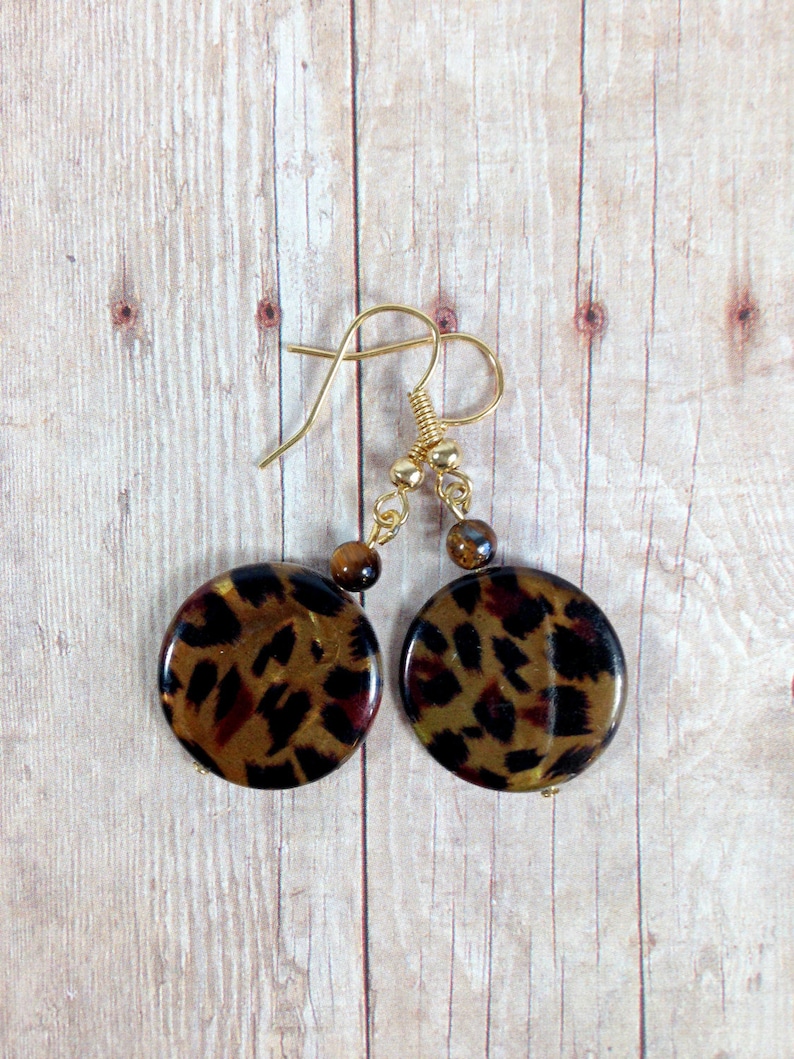 Leopard Print Shell Earrings With Tiger Eye Beads Handmade Animal ...