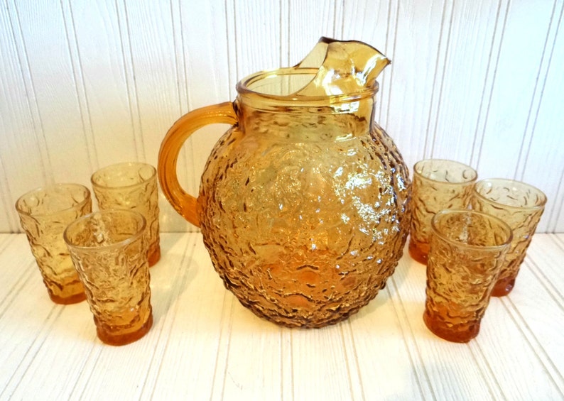 Vintage Anchor Hocking Lido Milano Amber Glass Pitcher With 6 Etsy