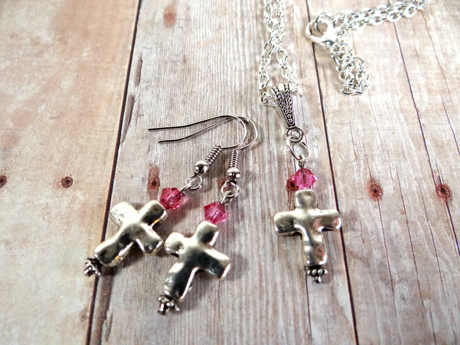 Silver Wavy Cross and Rose Swarovski Crystal Necklace and Earrings Set ...