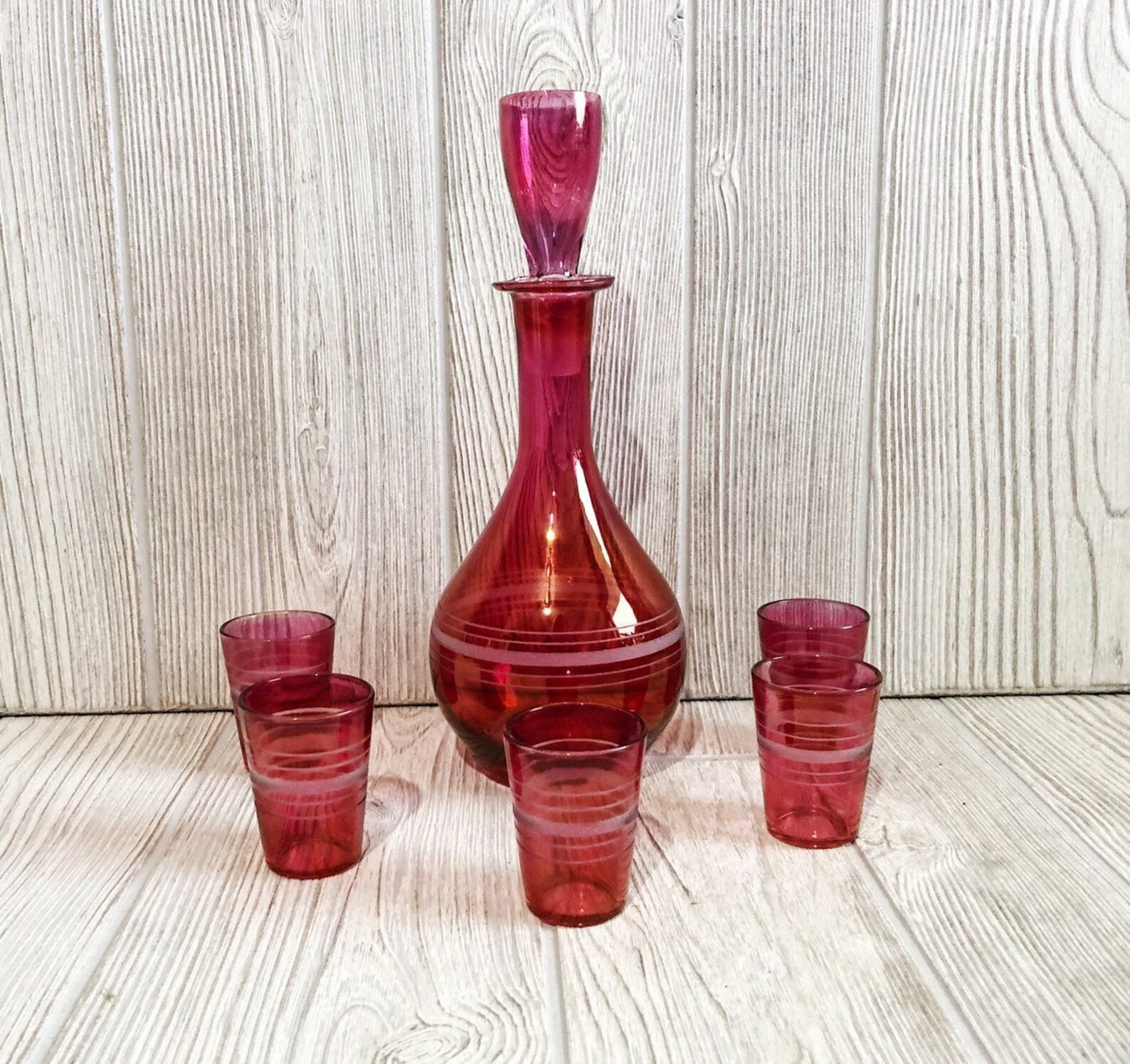 Vintage Cranberry Red Glass Decanter Set With Glass Stopper 7 | Etsy