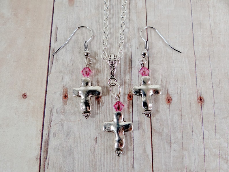 Silver Wavy Cross and Rose Swarovski Crystal Necklace and Earrings Set ...