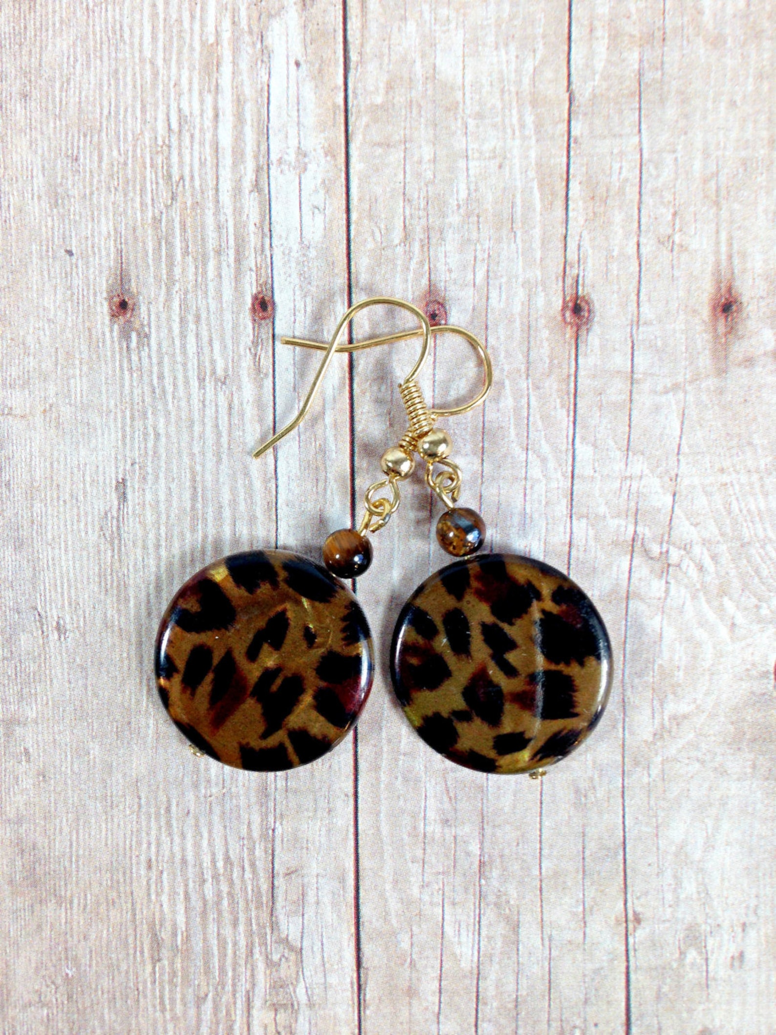 Leopard Print Shell Earrings With Tiger Eye Beads Handmade Animal ...