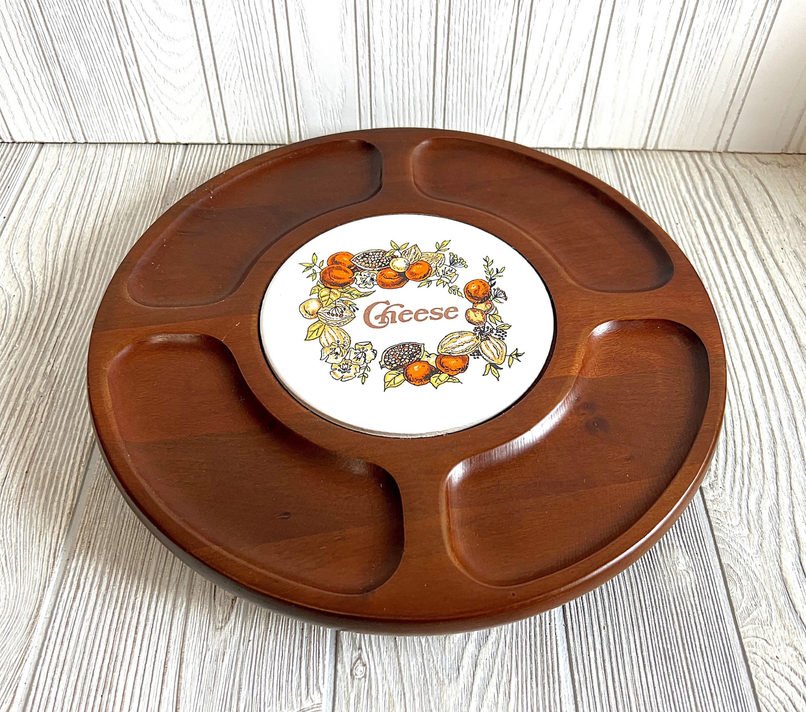 Vintage Cheese Board Charcuterie Board With Lazy Susan and Ceramic Tile ...
