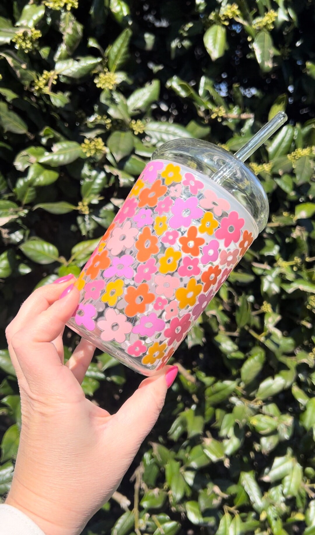Groovy Flowers Glass Cup Boba Tea Cup, Dome Lid Glass Cups - Etsy