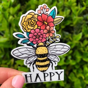 Bee Happy Sticker, Floral Bee Sticker, Inspirational Sticker, Summer ...
