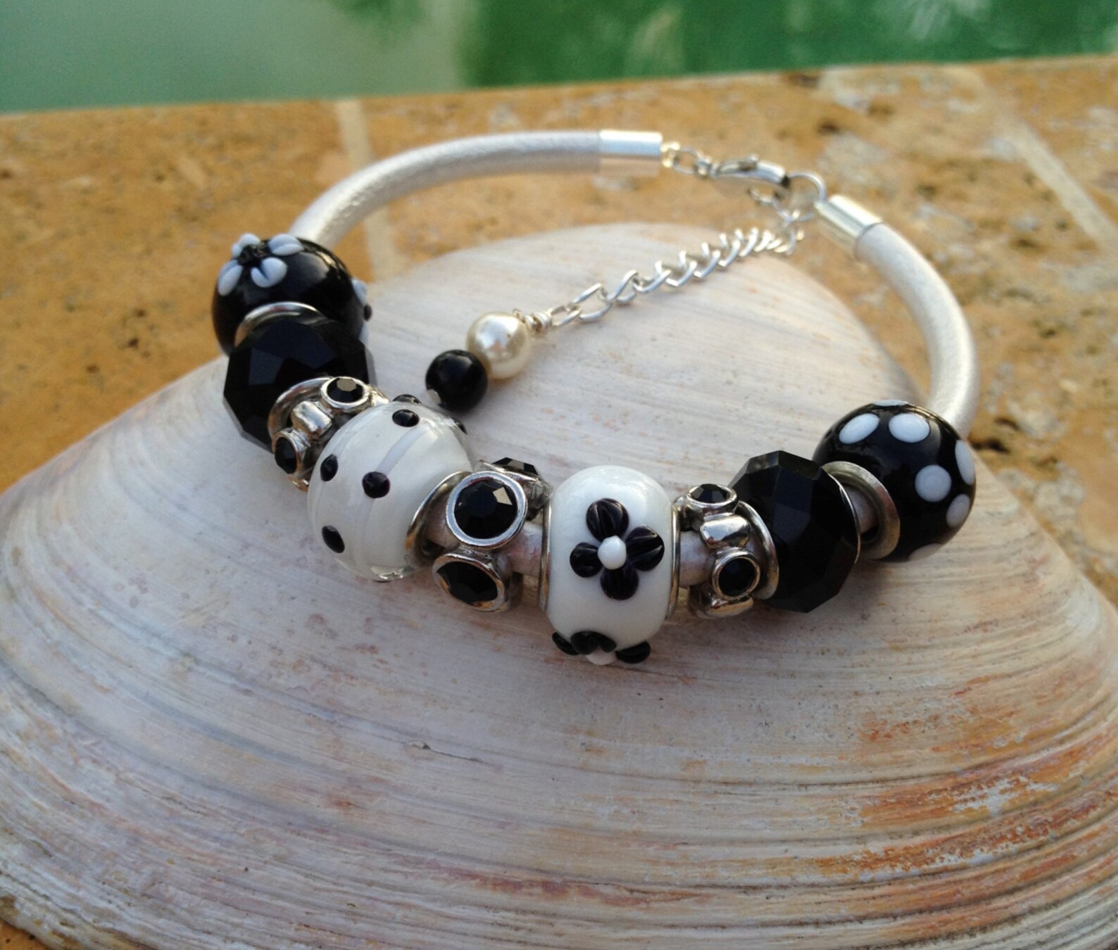 Black and White Euro Beads on White Round Leather Cord/handmade Gift ...