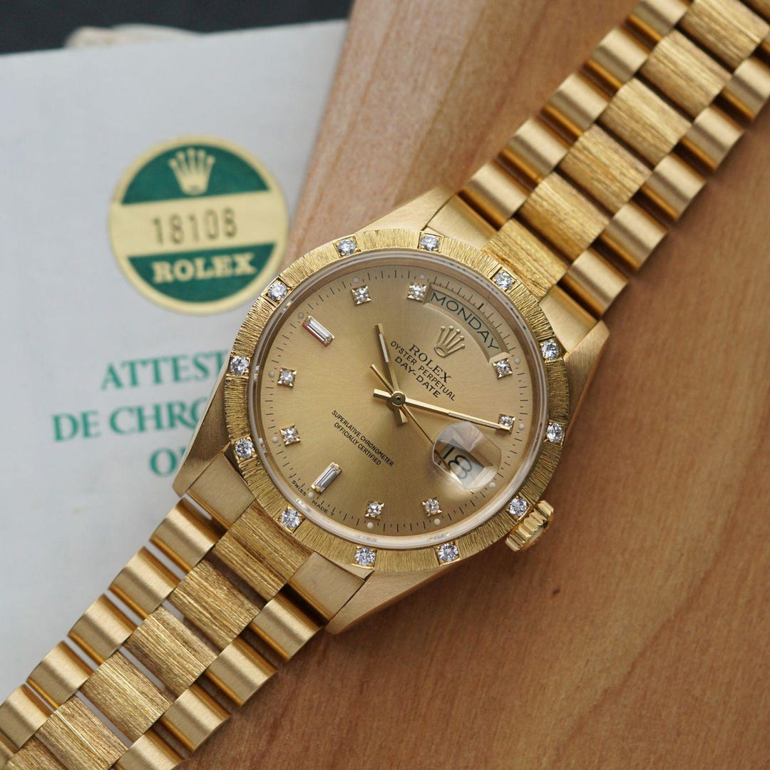 Rolex Day Date Ref. 18108 18k Gold President Bark & Diamond W/ Papers 36 Mm 1987 - Etsy