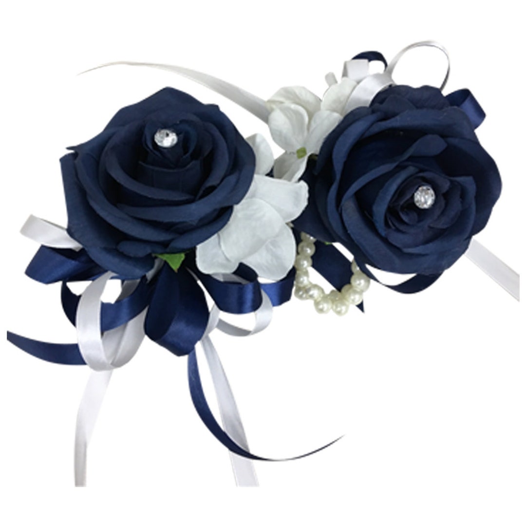 Pin or Wrist Corsage-navy Blue and White Hand Crafted Rose With ...
