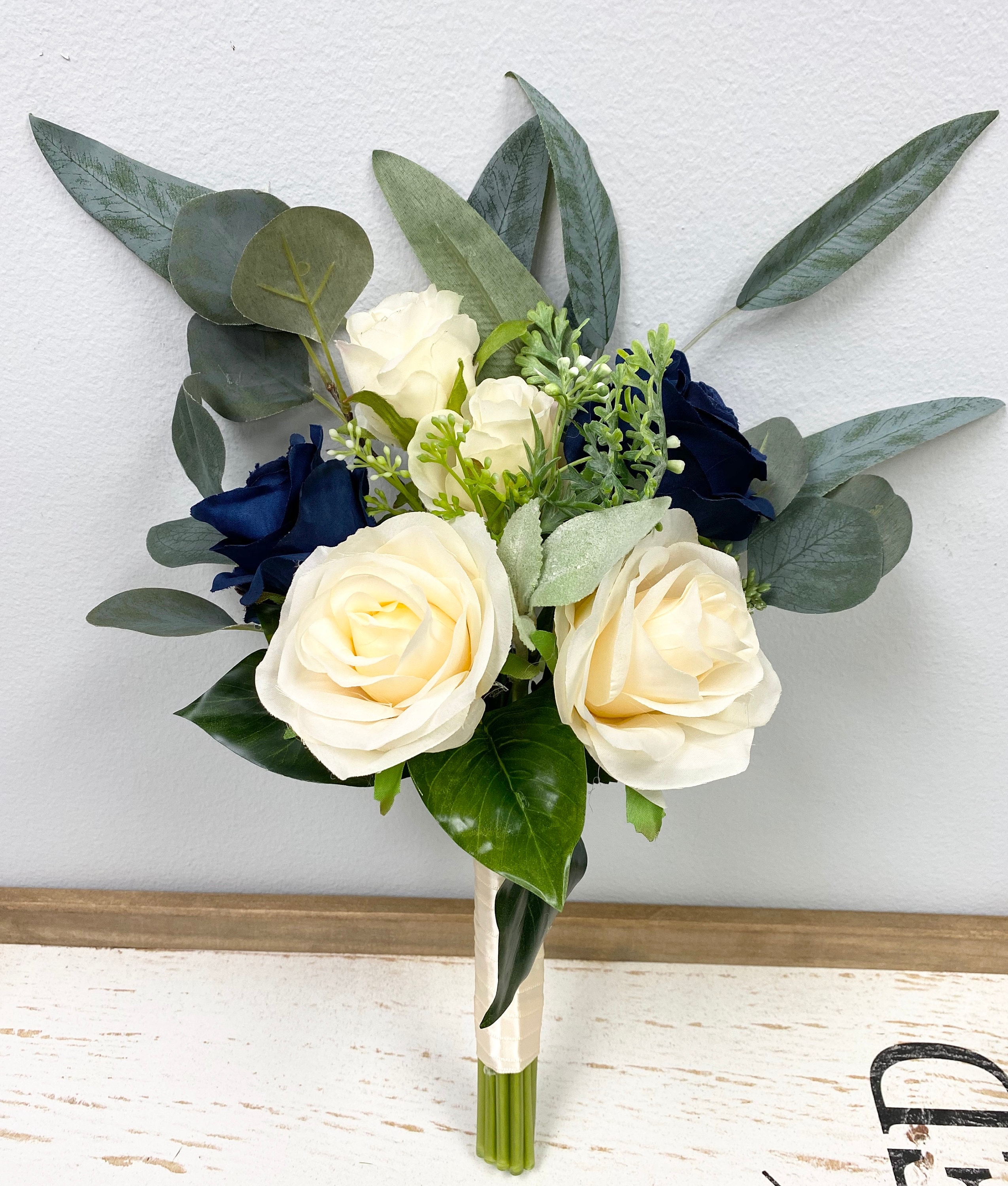 Champagne and Navy Blue Roses with Silver Dollar Eucalyptus | Etsy