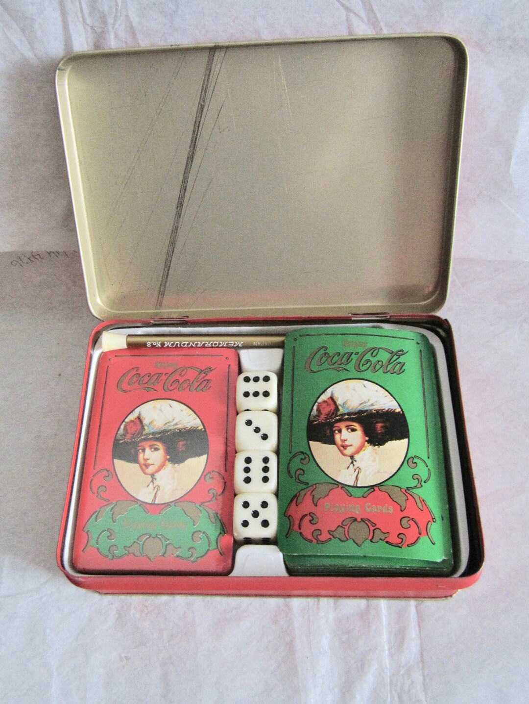Vintage COCA COLA Playing Cards Set 2 Decks Cards 4 Dice 1 Pencil Red ...