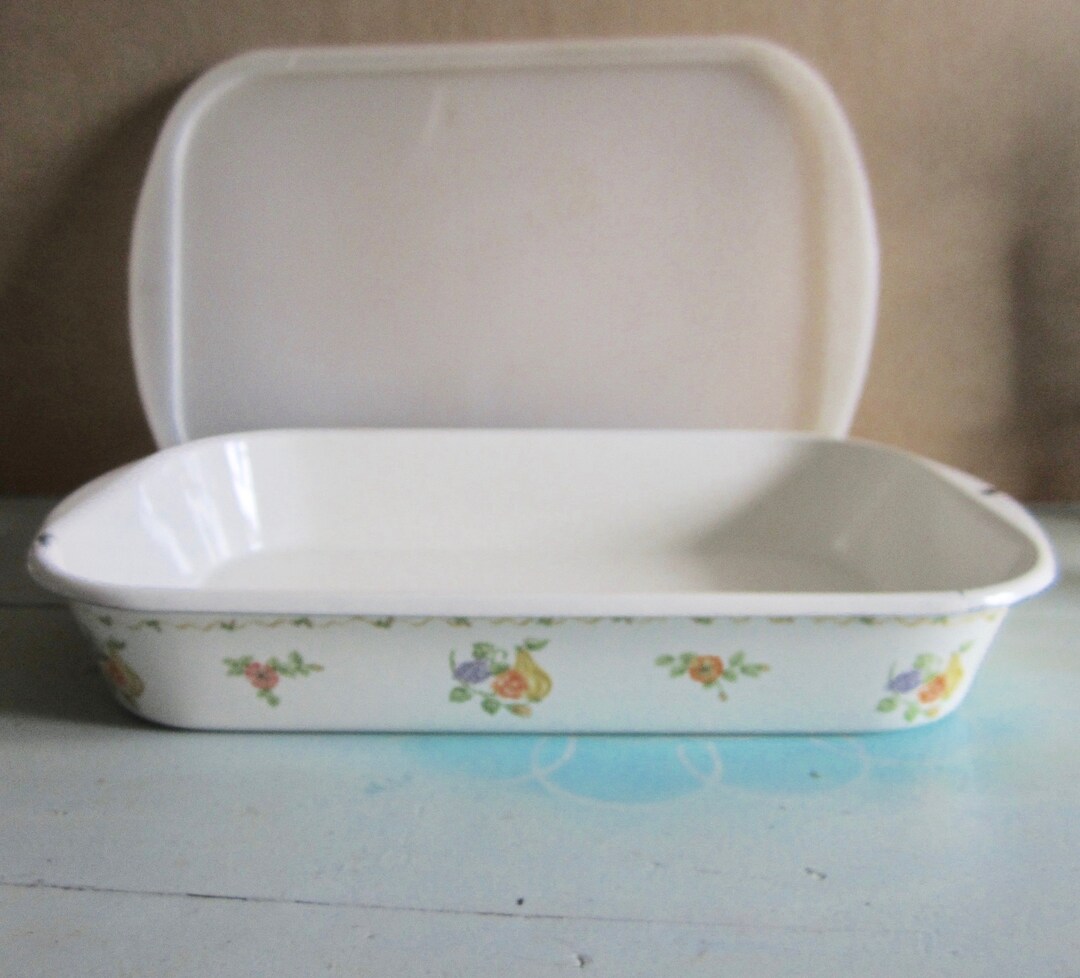 Vintage Lidded Enamel Pan White Floral LARGE Porcelain Pen Rectangle ...