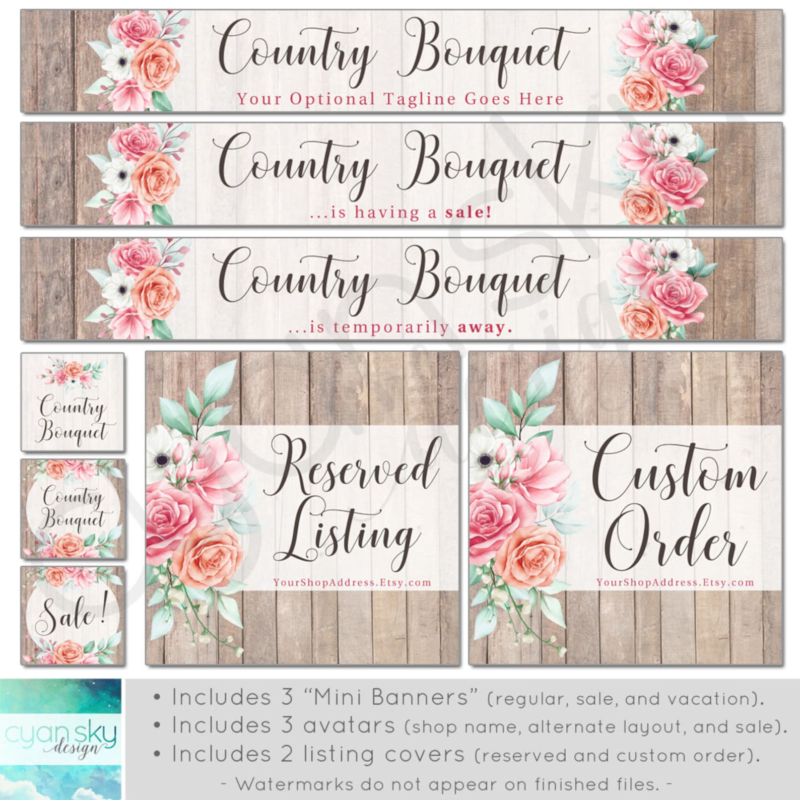 Rustic Wood Floral Shop Branding Banners Avatar Icons | Etsy